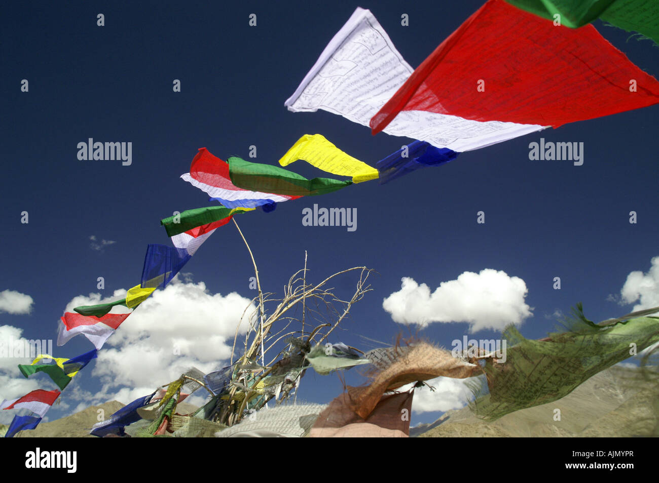 Colourful tibetan buddhist prayer flags flapping wind Himalaya moutains ...
