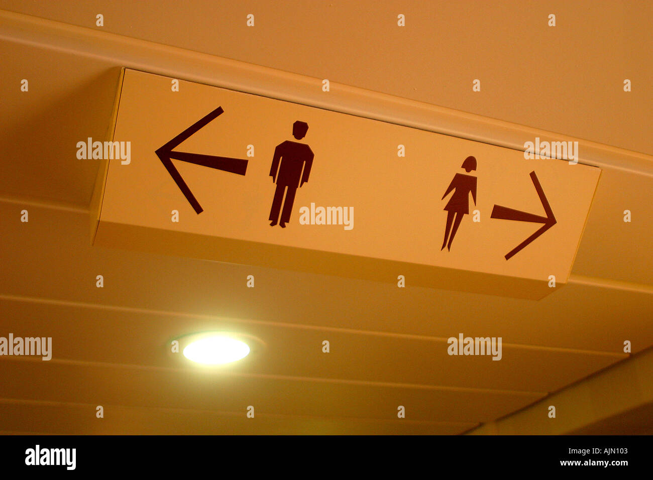 passenger aircraft cabin signs to rest rooms / toilets Stock Photo - Alamy