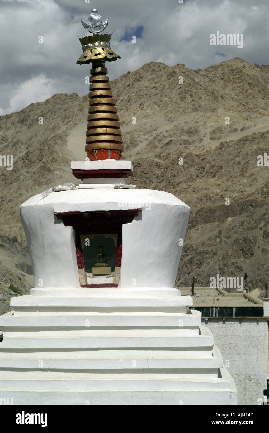 White holy tibetan buddhist stupa shrine Leh Ladakh India Himalaya ...