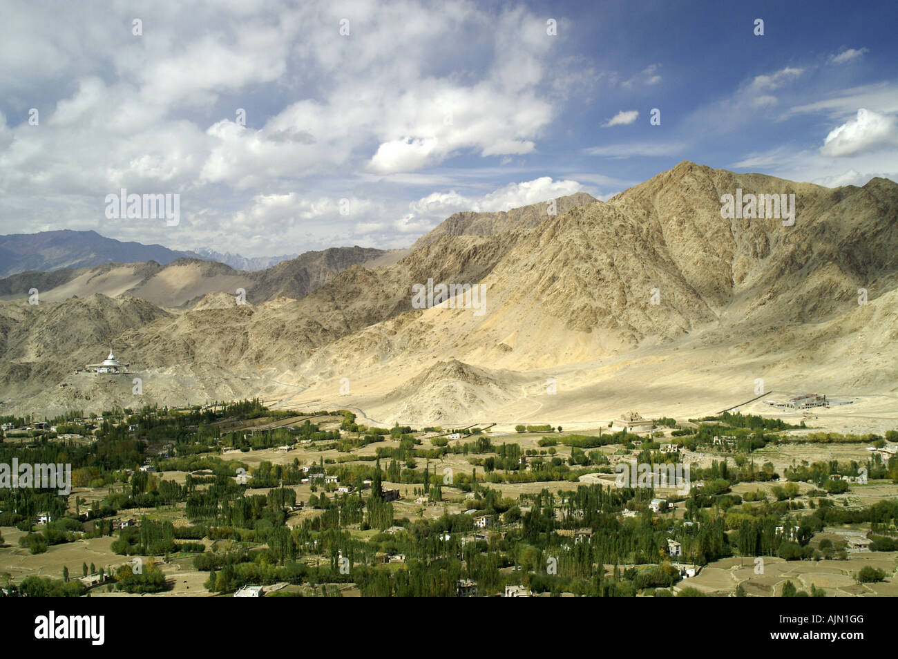 View of Leh town and valley, blue sky, Ladakh, Himalaya mountains ...