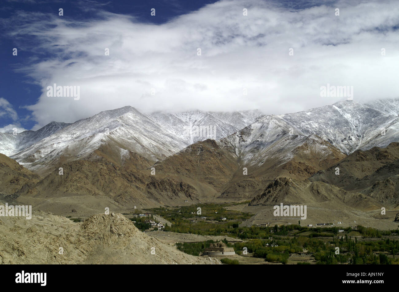 Leh valley town, Ladakh Himalaya mountains view and first autumn snow ...