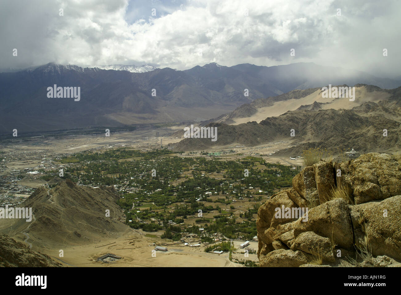 Leh valley town, Ladakh Himalaya mountains view and storm comming ...