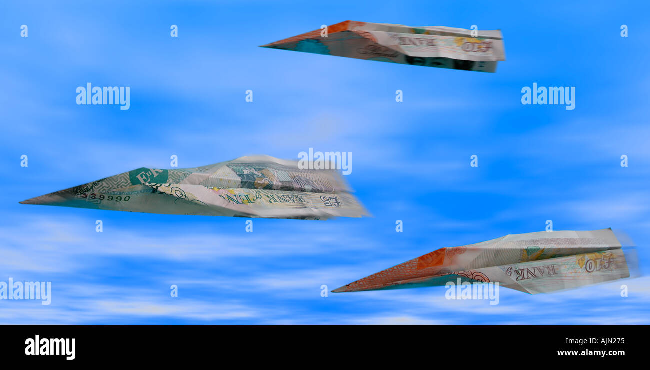 Pounds flying sterling as paper darts flying through blue sky digitally ...