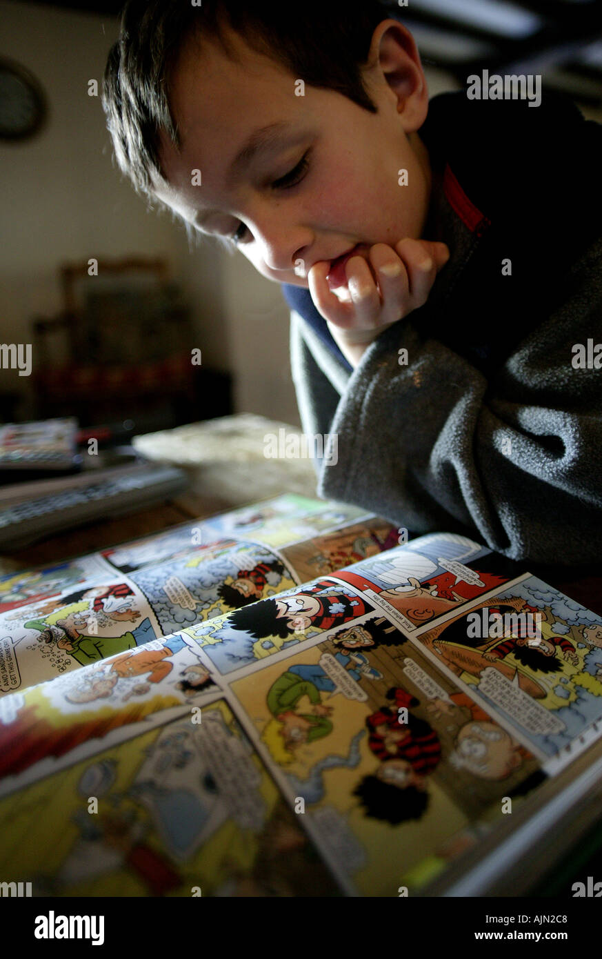 BOY MALE CHILD AGE 7 CAUCASIAN COMIC BOOK READ READING CONCENTRATE ...