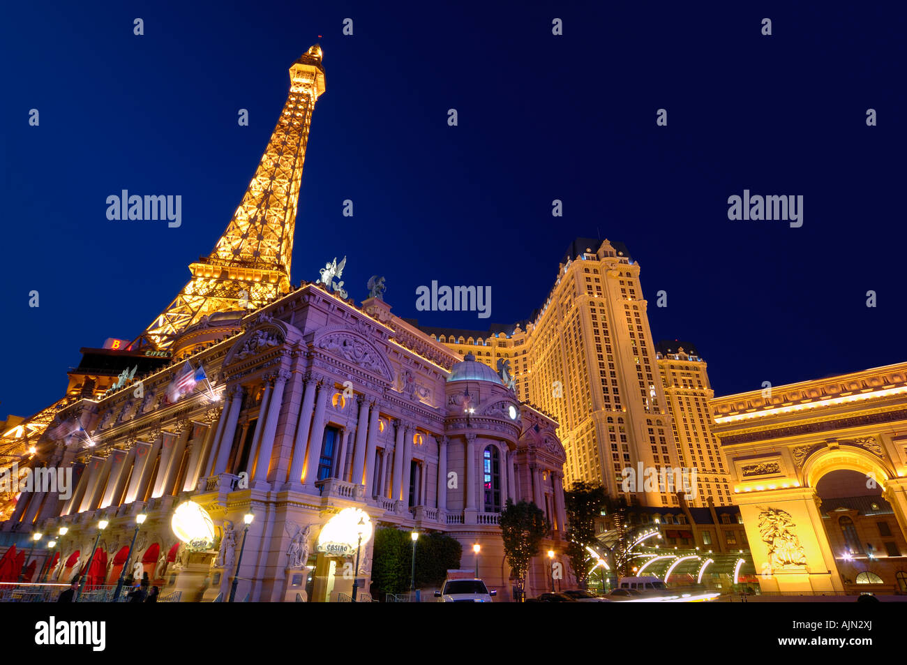 paris hotel and eiffel tower at night las vegas day nevada usa america ...