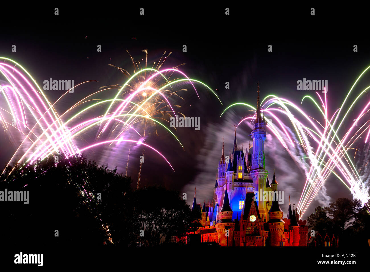 magic kingdom castle at night with "wishes" nightime firework display ...