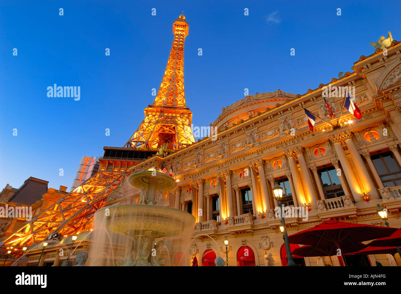 paris hotel showing eiffel tower and fountain las vegas night nevada ...