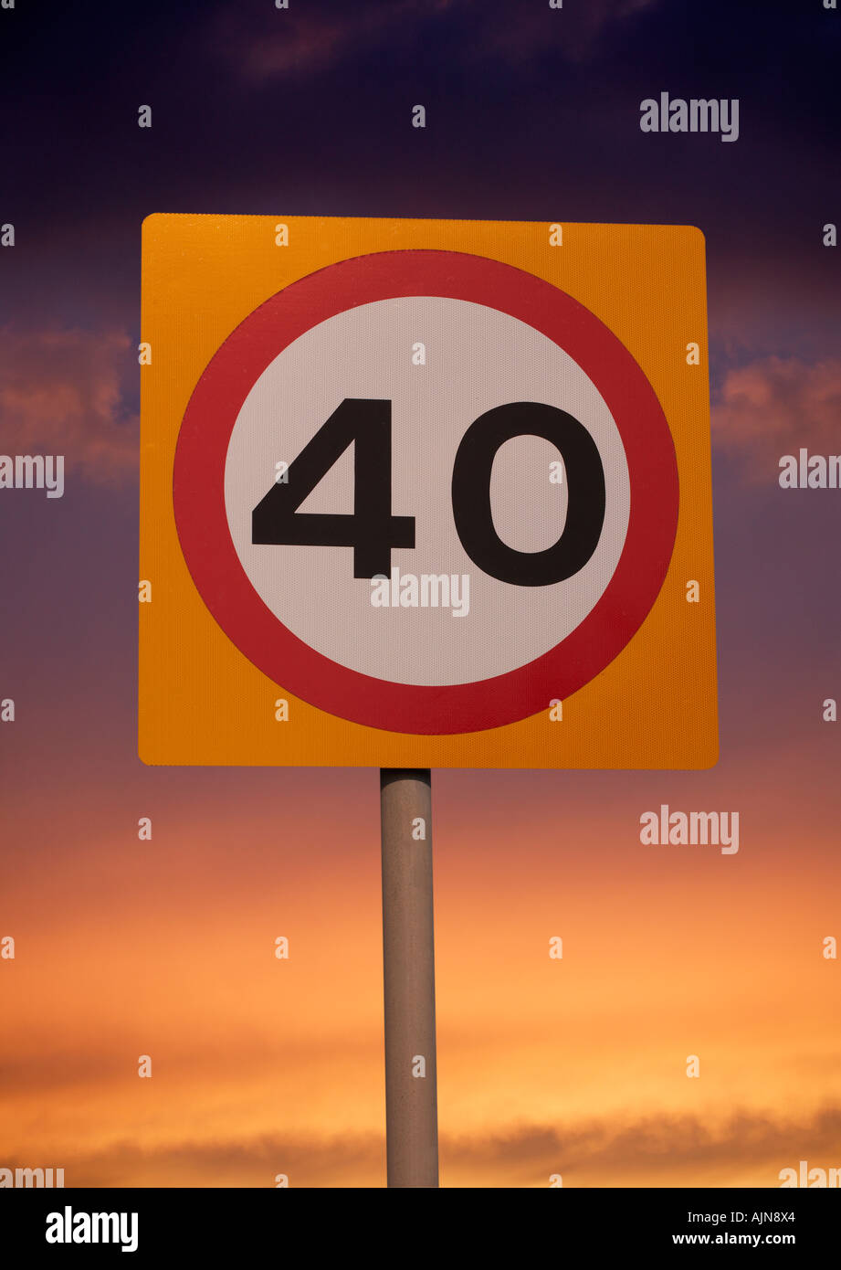 FORTY MILE AN HOUR ROAD SPEED LIMIT SIGN WITH TWILIGHT SKY BACKGROUND ...