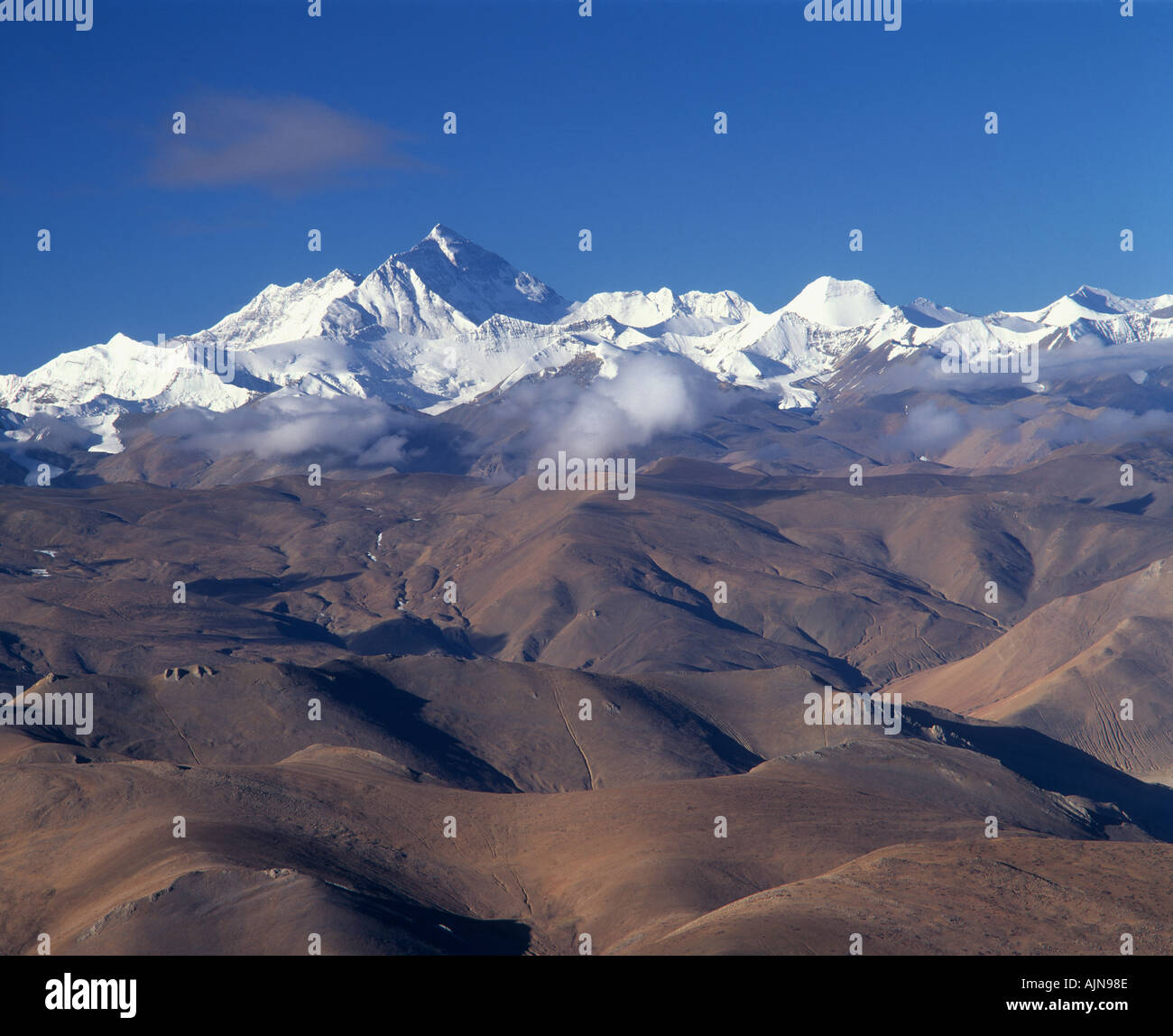 Mt Everest (summit on left) seen from Pang La Pass, at an altitude of ...