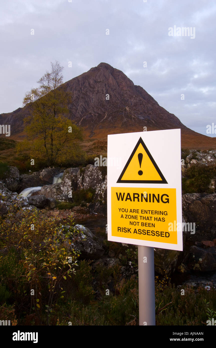 Spoof risk sign in front of Buachaille Etive Mor Scotland Stock Photo ...