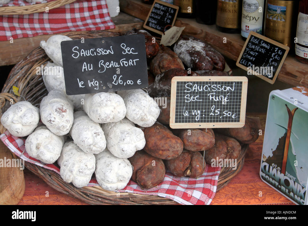 French Food shop in the Alps showing window display with sausages Stock ...