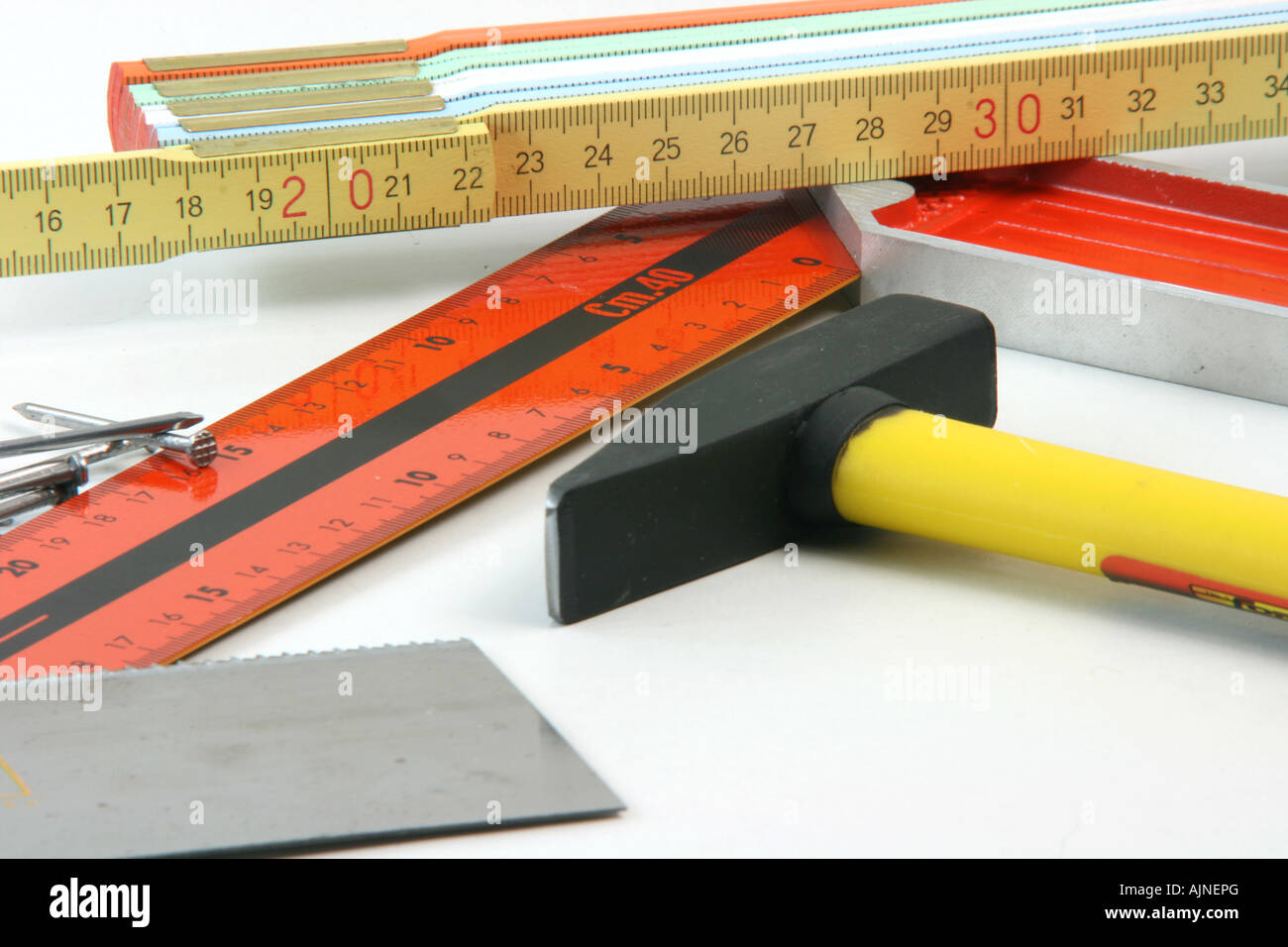 construction concepts carpenter tools meter hammer nails angle meter ...