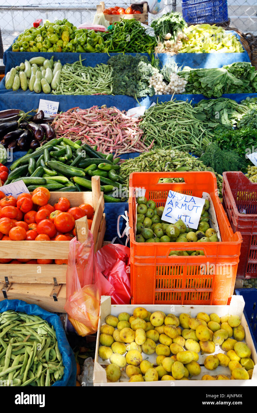 Turkish Pazar (Bazaar) outdoor vegetable market Bodrum Peninsula Turkey ...