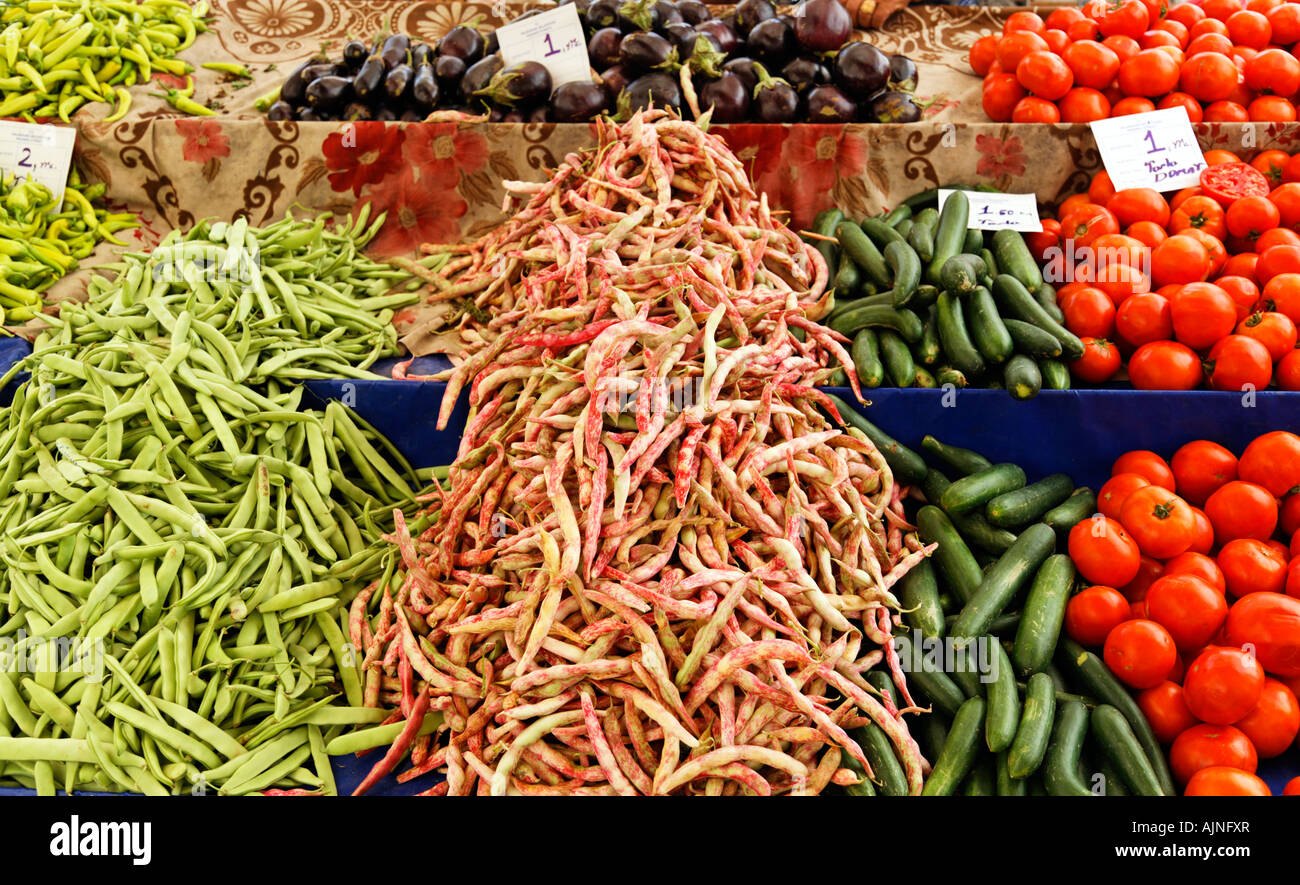 Turkish Pazar (Bazaar) outdoor vegetable market Bodrum Peninsula Turkey ...