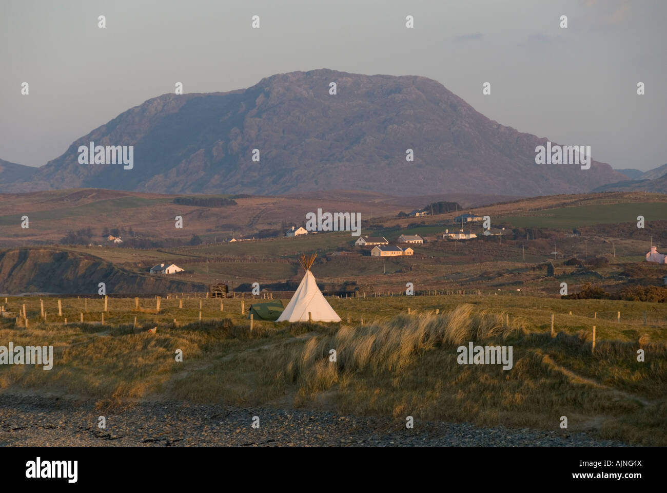 Tepee style tent on a camp site at Renvyle Beach, County Galway ...
