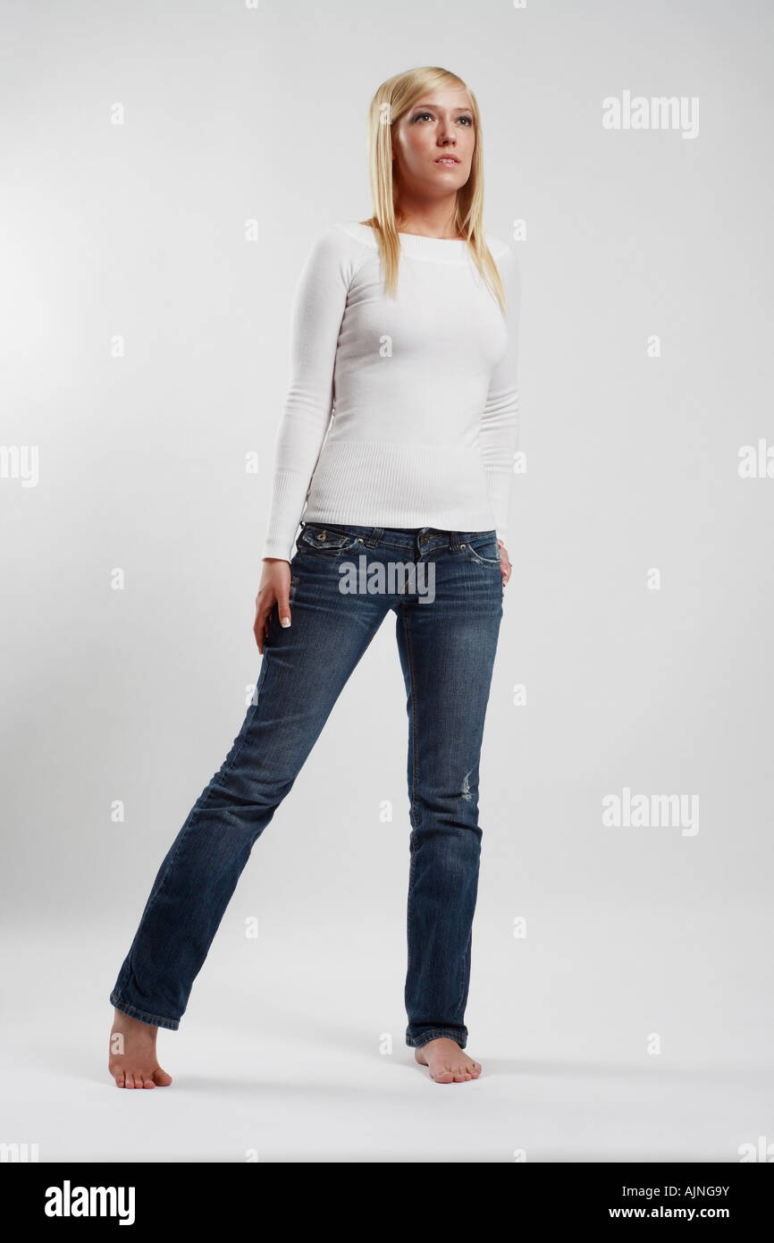Front view of a woman with white background Stock Photo - Alamy