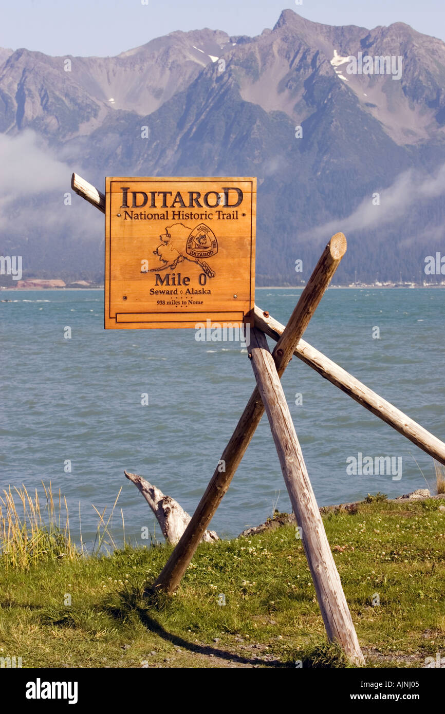 A marker in Seward Alaska indicates the starting point of the original ...