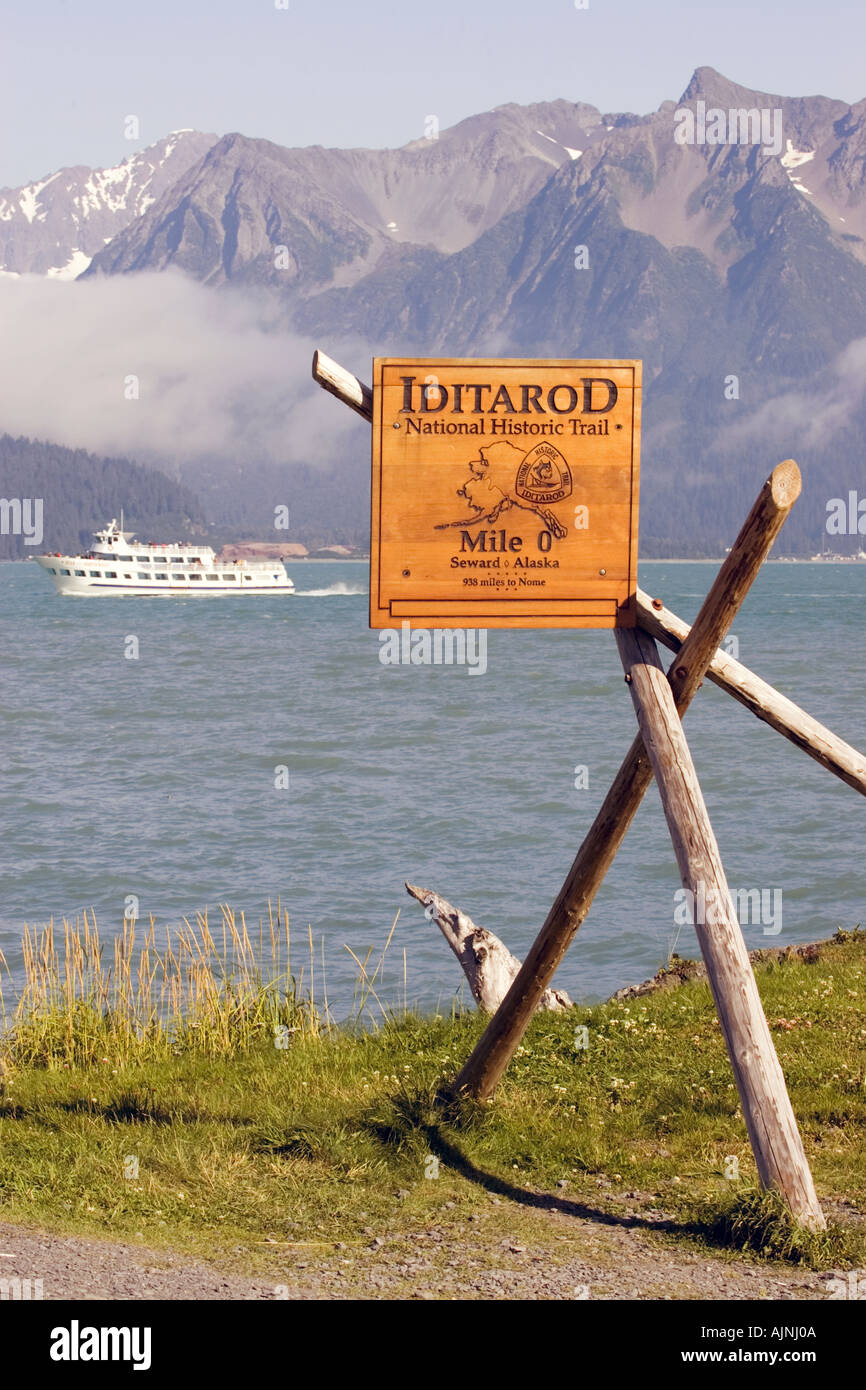 A marker in Seward Alaska indicates the starting point of the original ...