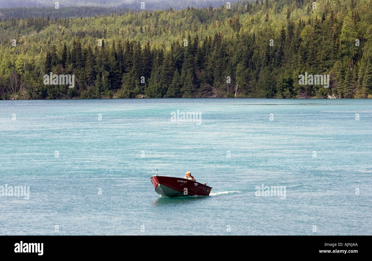 Fisherman boating on the Kenai River near Cooper landing in the Kenai ...