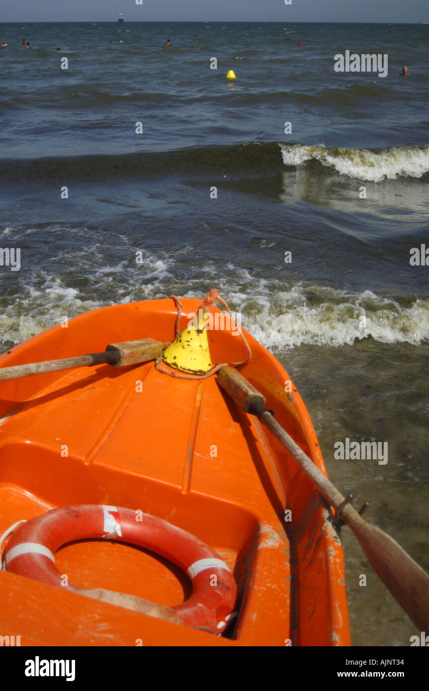 Mini lifeboat ready for launching on the beach at Sopot Gdansk Poland ...