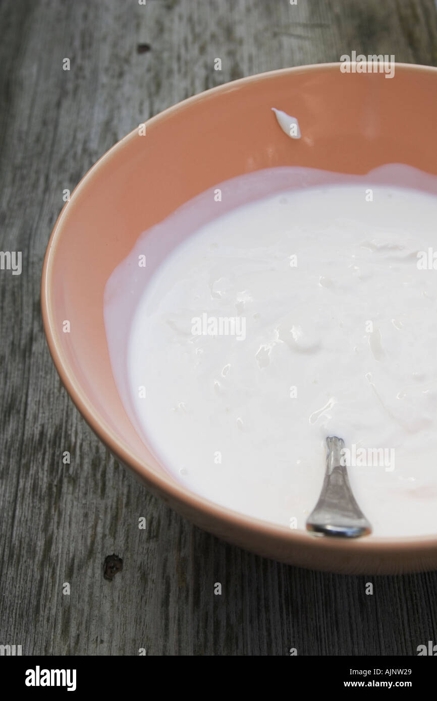 Close up of a bowl of a white creamy substance with a spoon Stock Photo ...