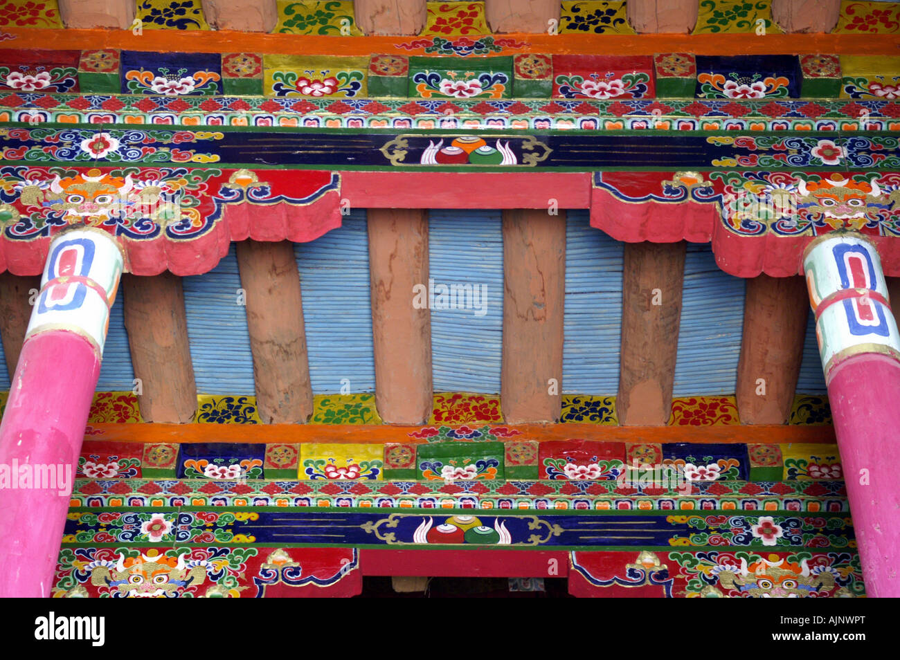 Colourful entrance hall ceiling in Hemis tibetan buddhist monastery ...