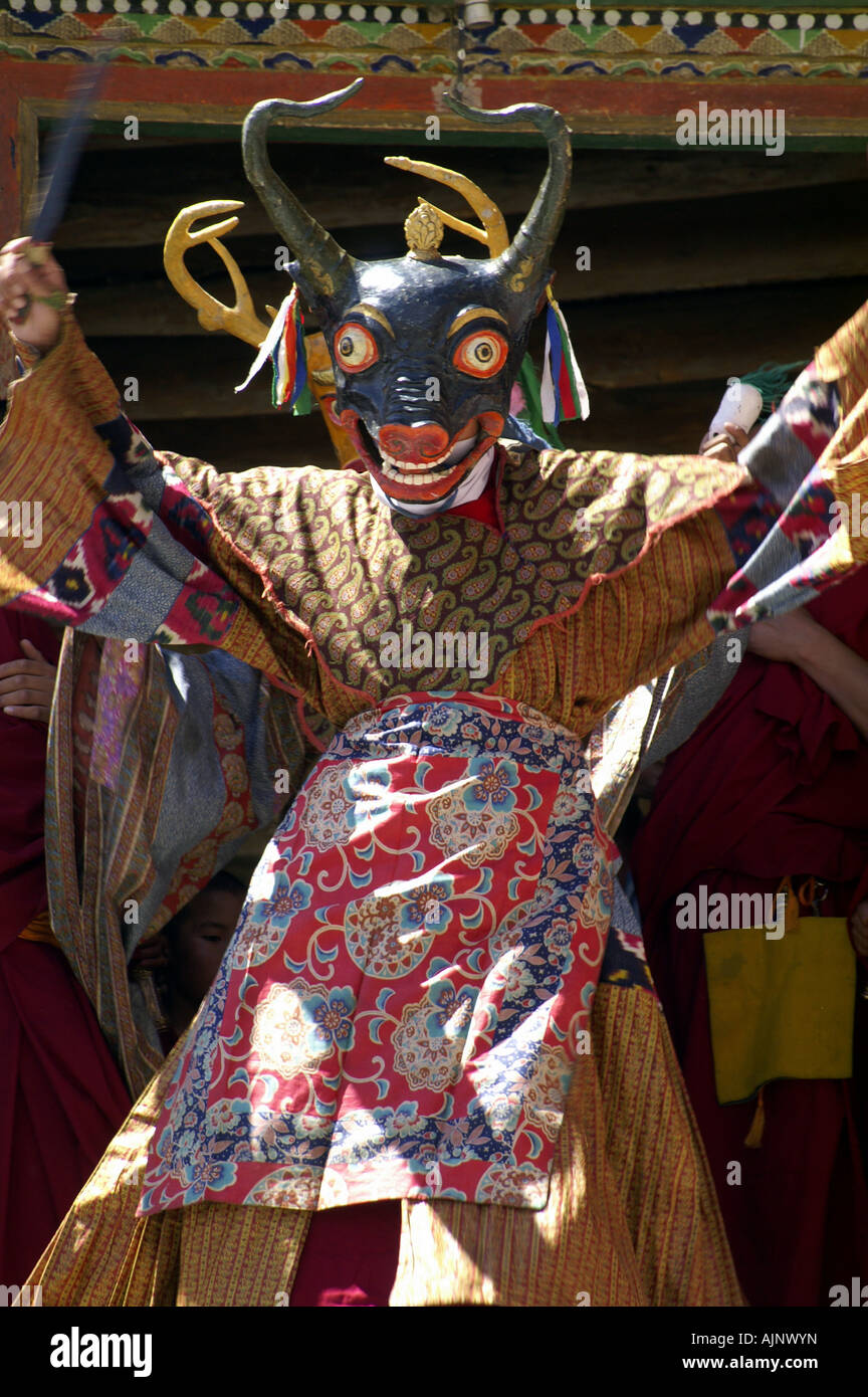 Buffalo and deer mask cham dance tibetan buddhist tradition art in Thiksey Monastery, Ladakh ...