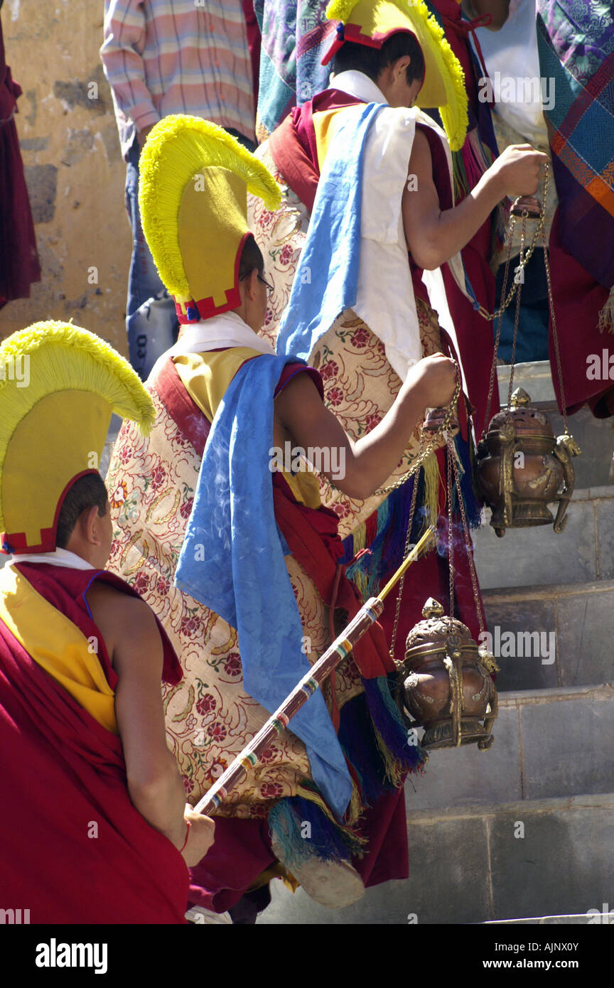 Gelukpa yellow cap school tibetan buddhist monks rising stairase ritual ...