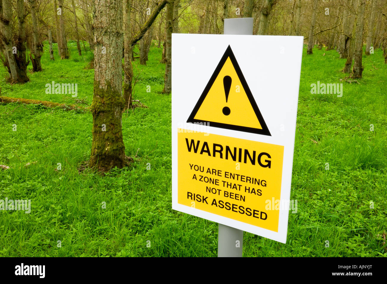 Spoof hazard sign in the forest Stock Photo - Alamy