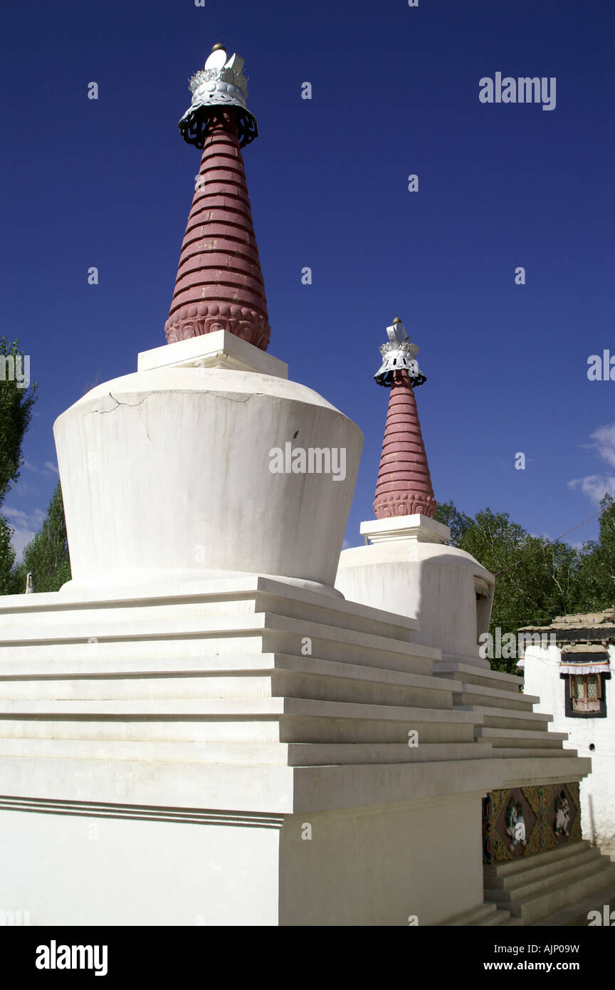 White spires of tibetan buddhist shrine stupa in Leh, Ladakh, India ...