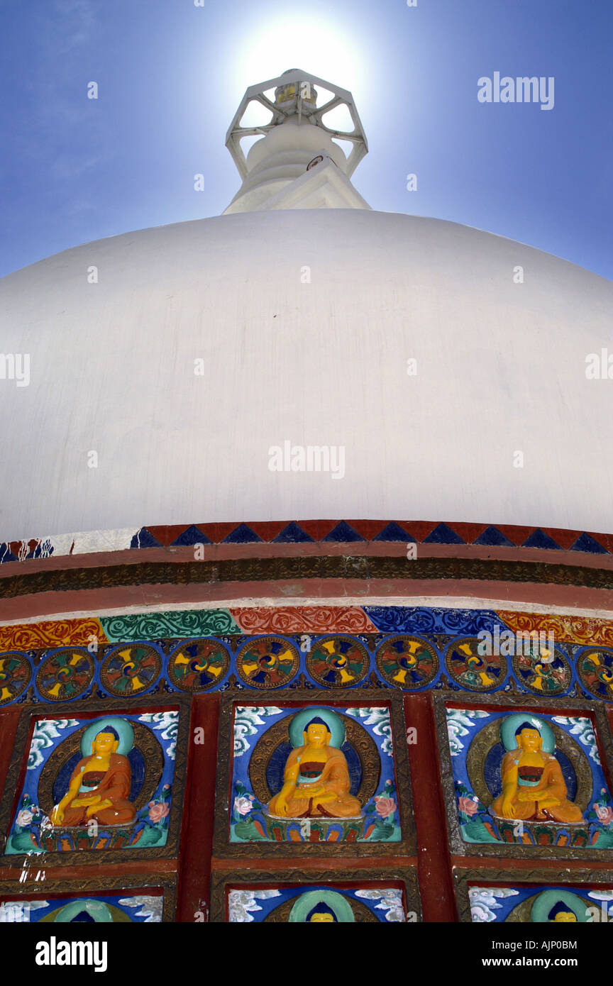 Shanti stupa in Leh, tibetan buddhist symbol decorations mural on wall ...