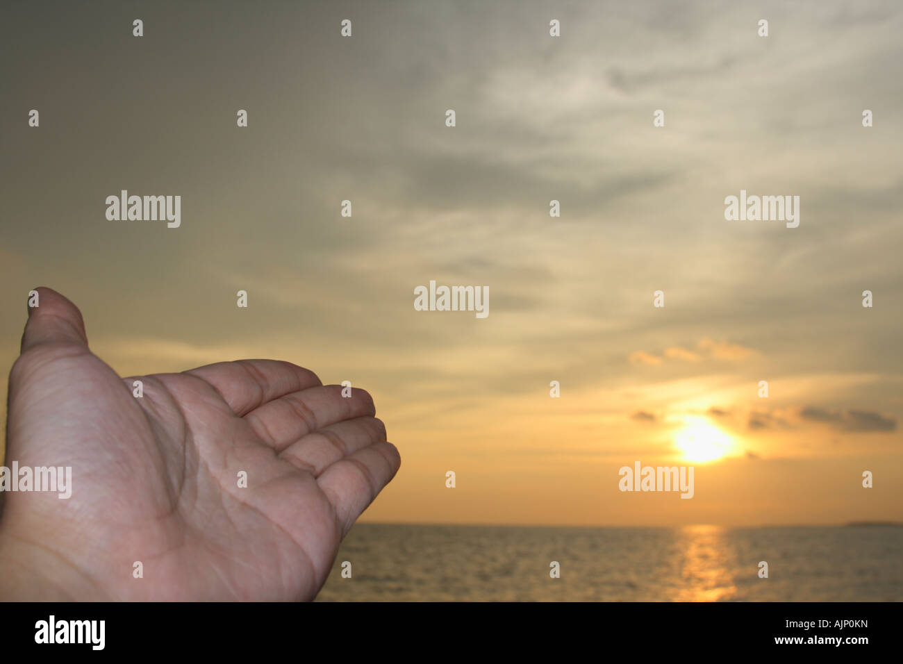 hand with sunset background Stock Photo - Alamy