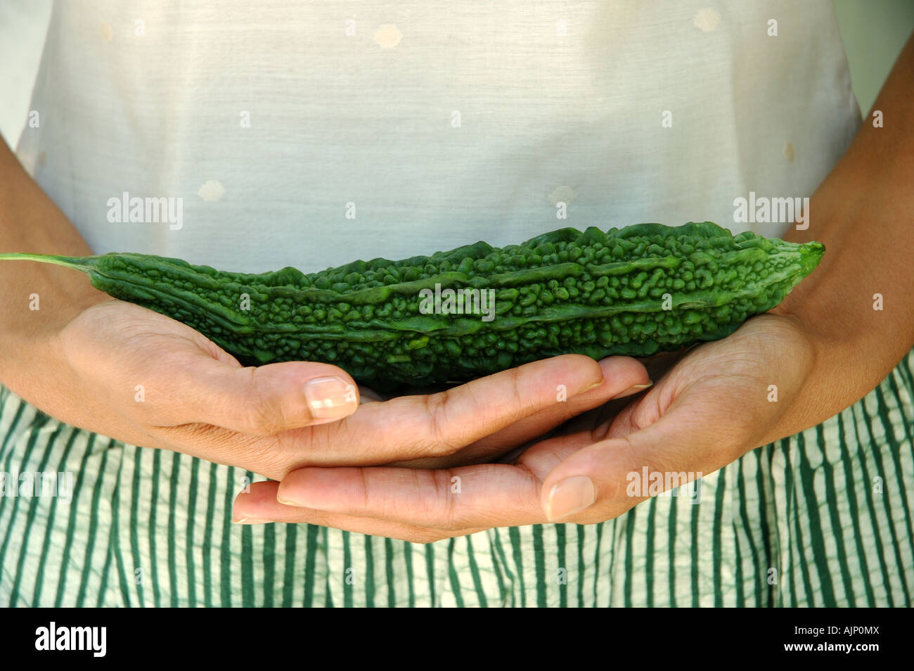 A human hand holding a Bitter gourd, Close-Up Stock Photo - Alamy