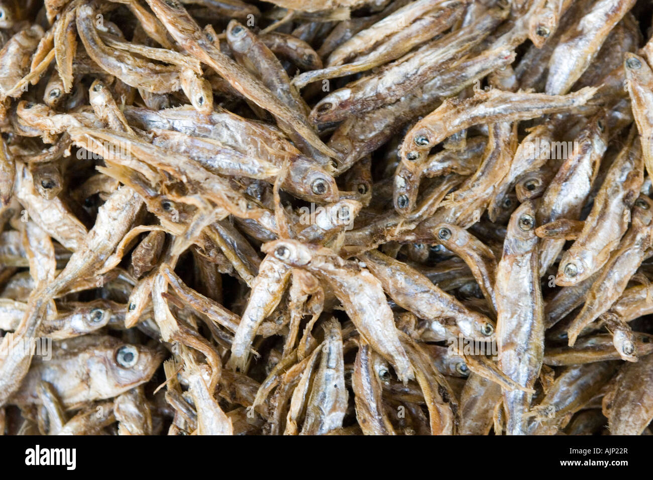 Close up of dried small fish in a market at the Kilombero River ferry ...