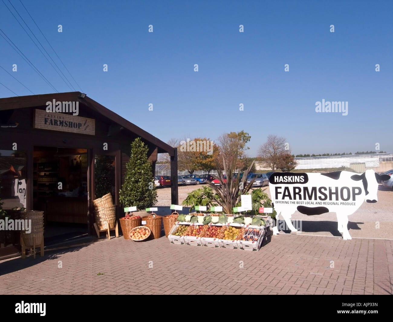 Local produce on display in front of entrance to a UK Farm shop Stock ...