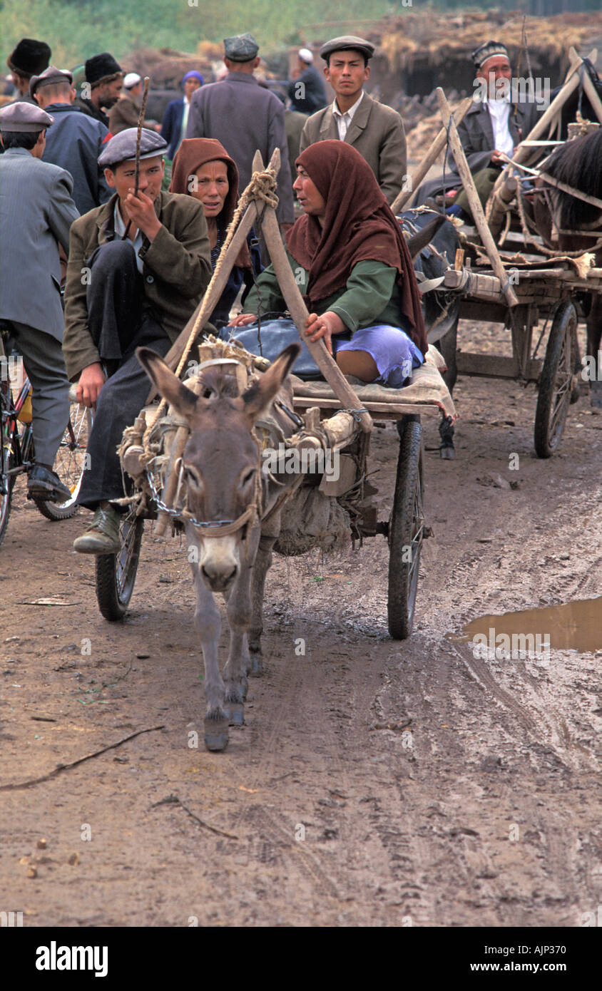 Arriving at Kashgar market on the back of a horse donkey drawn cart ...