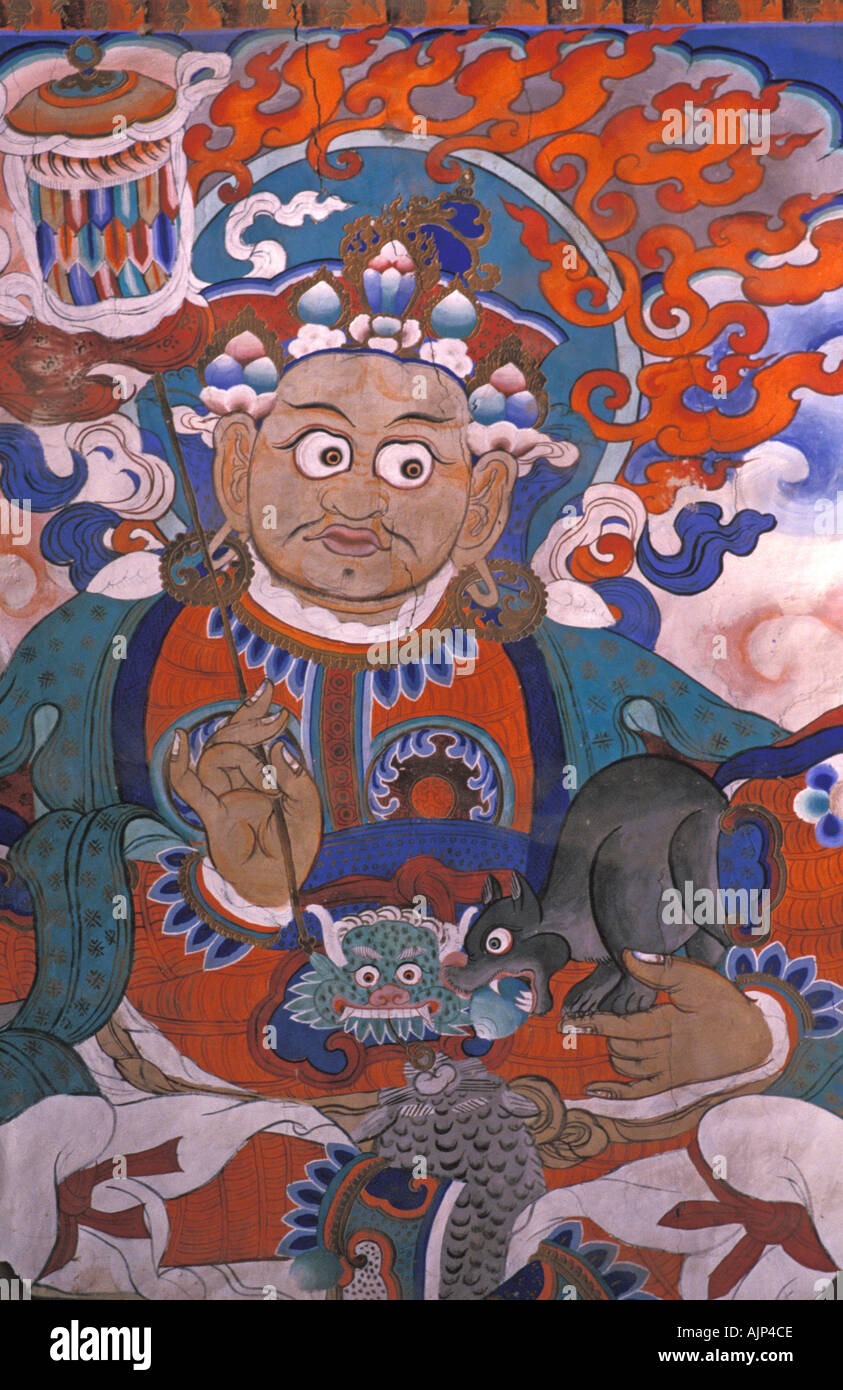 Ornately painted mural Hemis Gompa monastery Ladakh Jammu Kashmir State ...