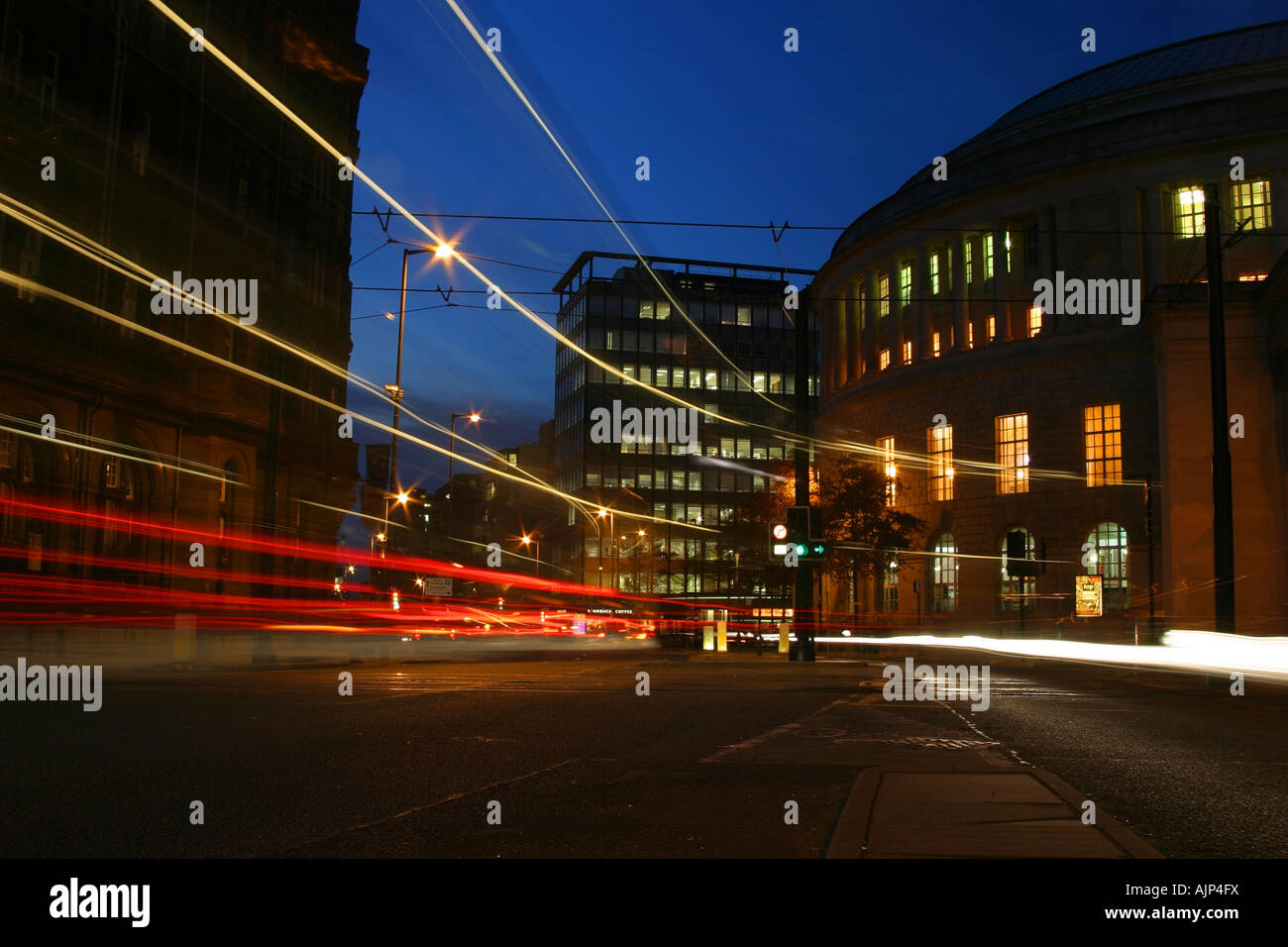 Traffic Trails Manchester at night Stock Photo - Alamy