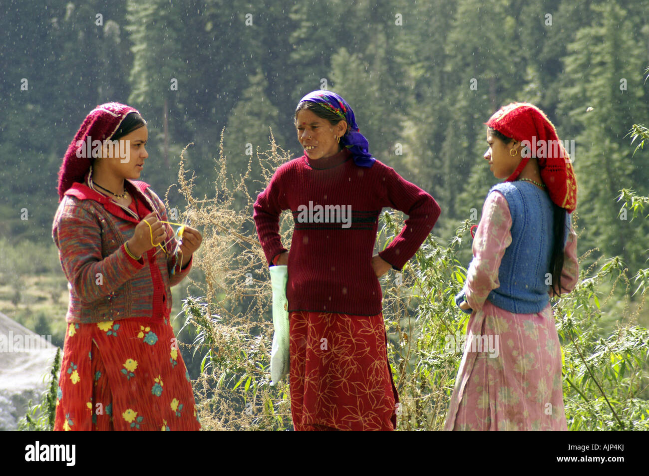 Three indian women talking standing discussing outdoors Stock Photo - Alamy