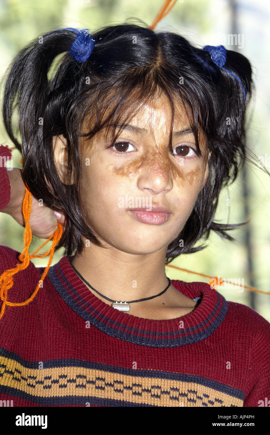 Young brunette indian child kid with ponytails stuck to woolen cobweb ...