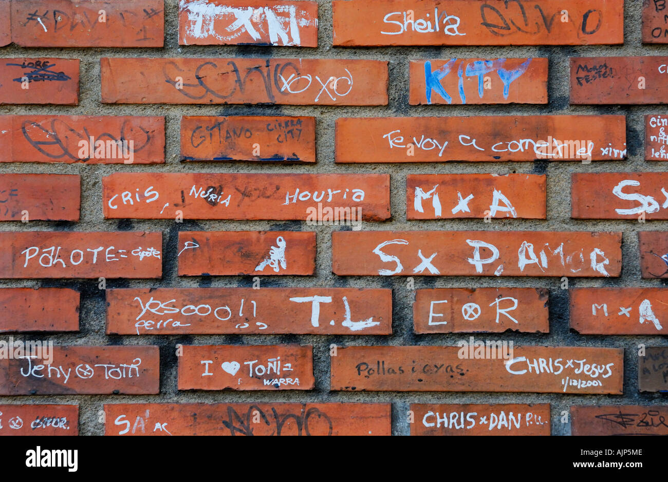OLD BRICK WALL BACKGROUND WITH CHALK WRITINGS Stock Photo - Alamy