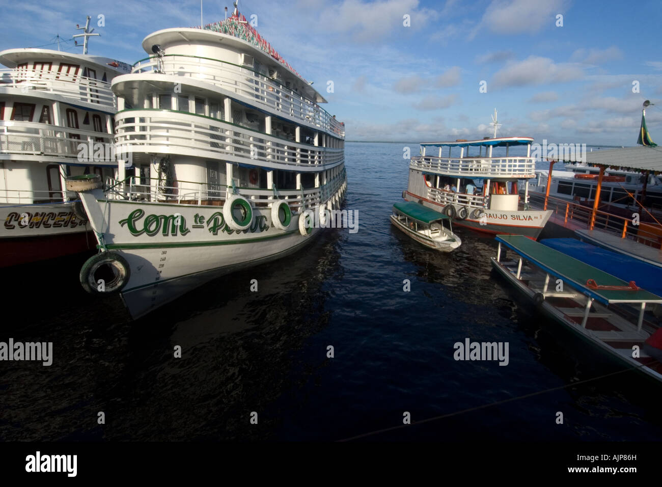 River boats lined up at the main port Manaus Amazonas Brazil Stock ...