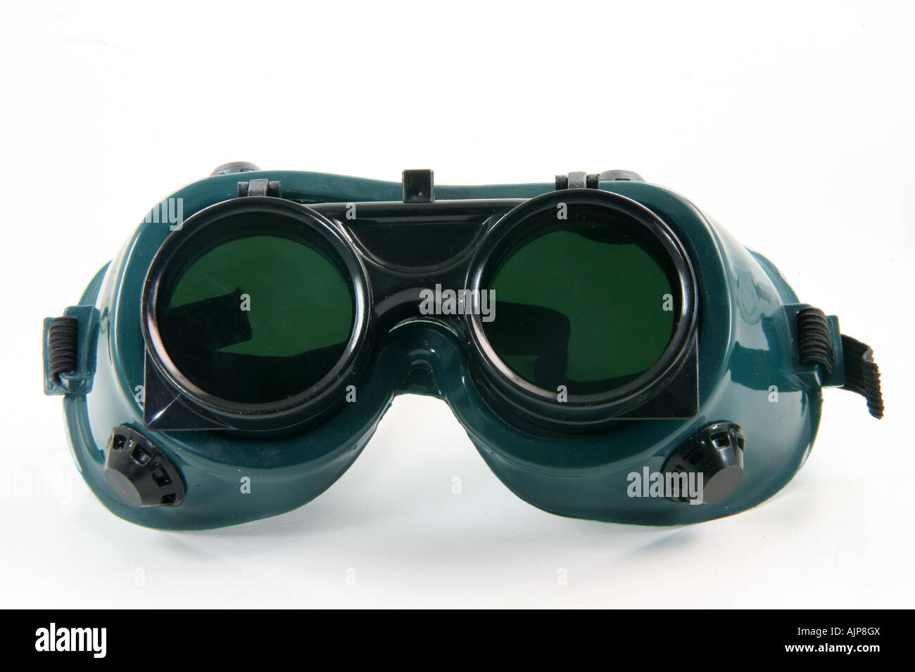 green plastic working protection mask in white background construction ...