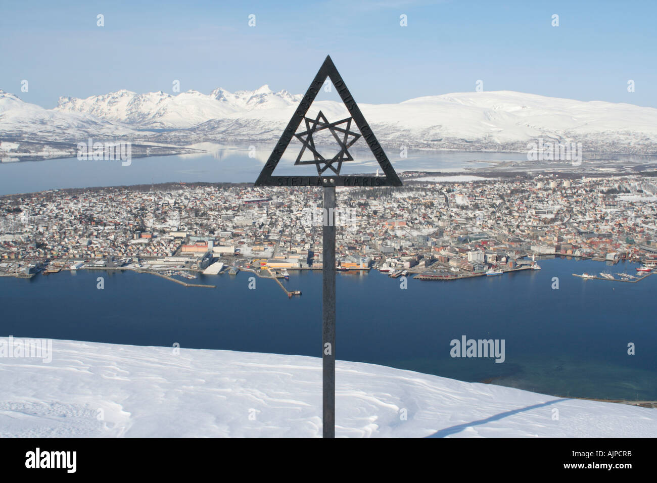 mountain viewpoint via cable car lift tromso island in distance norway ...