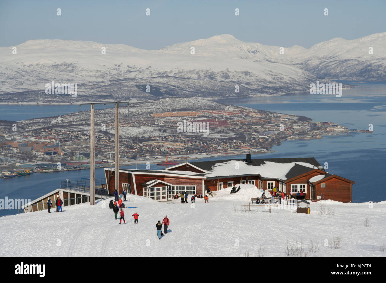 mountain viewpoint via cable car lift tromso island in distance norway ...