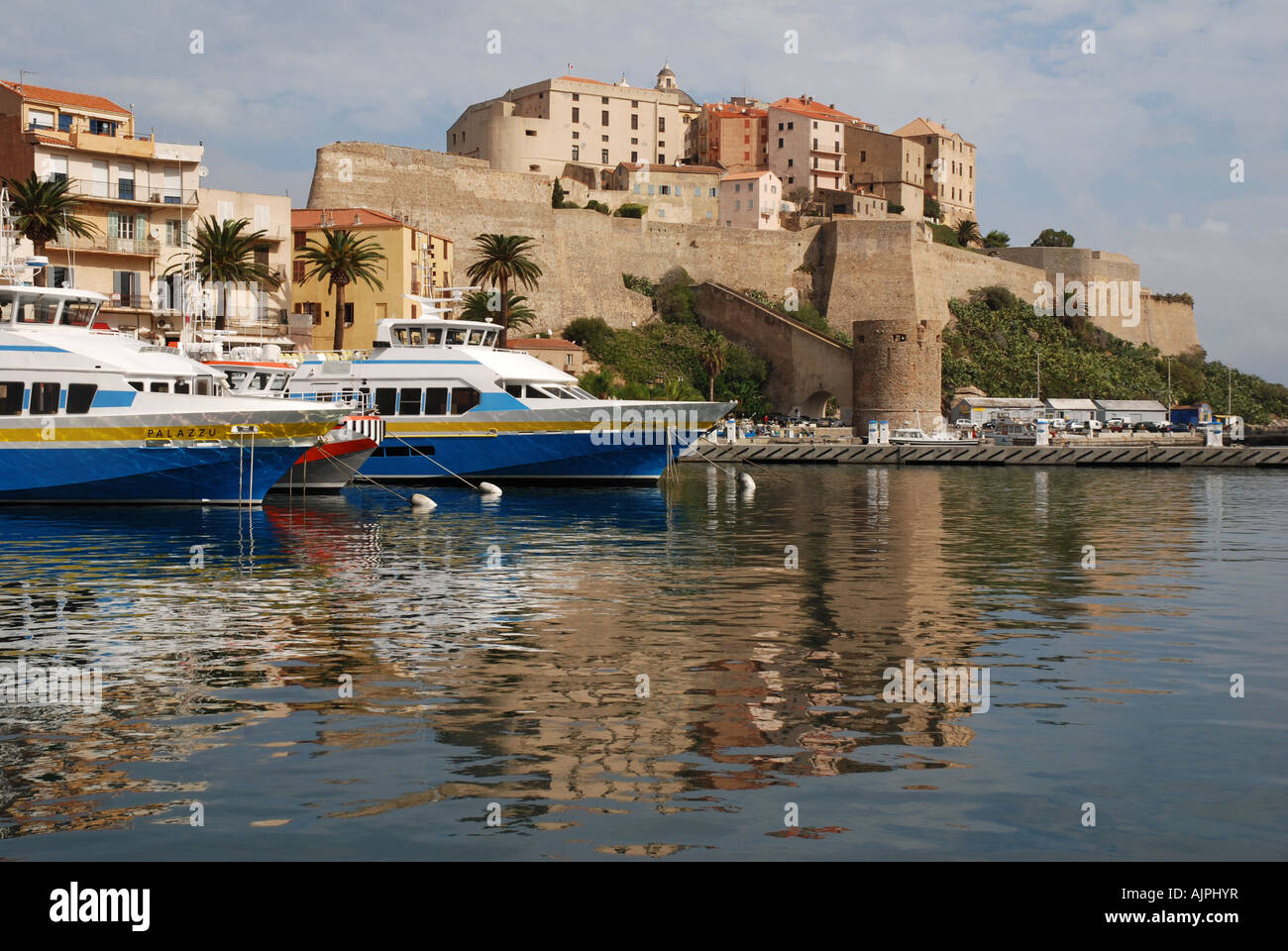 Castello at town Calvi boat harbour Mediterranean sea Island Corsica ...