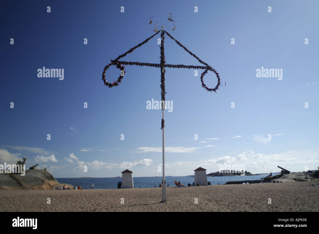 Maypole on the beach at Hanko Finland with a clear blue sky Stock Photo ...