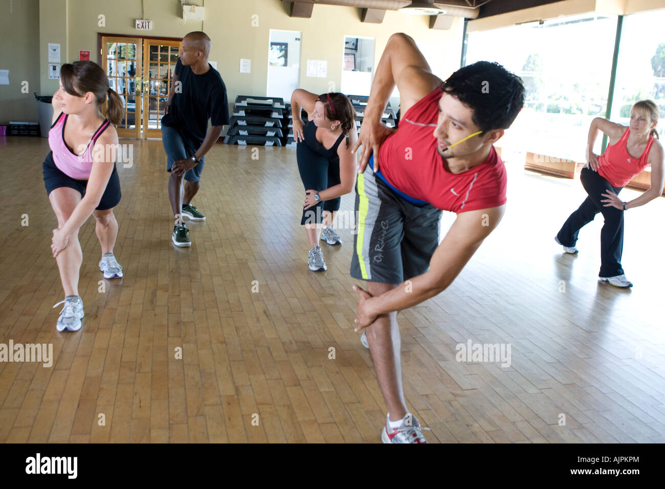 fit male and female group working out on aerobic exercises in a gym ...