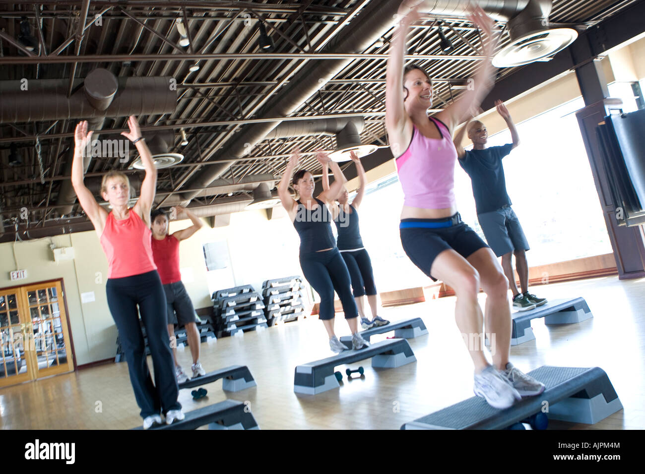 fit male and female group working out on aerobic exercises in a gym ...