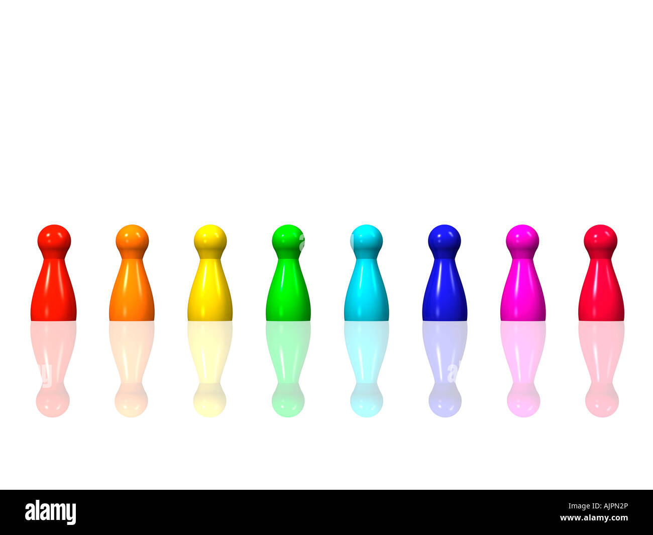 Colourful game pieces aligned in a row against a white background Stock ...